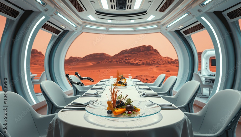 Dining restaurant set inside a Martian colony where dishes are prepared ...