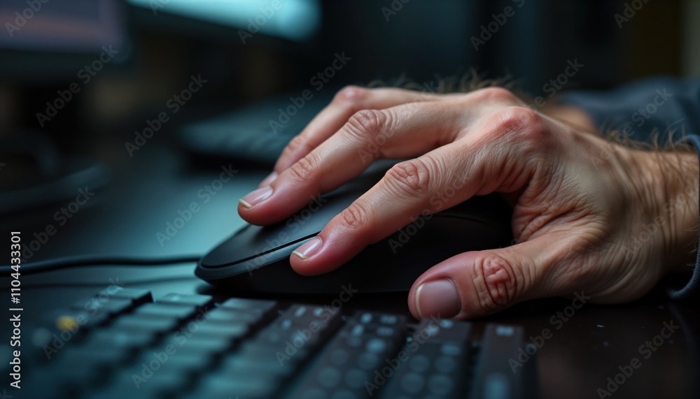 Hand clicking computer mouse. Closeup view of hand working on computer ...