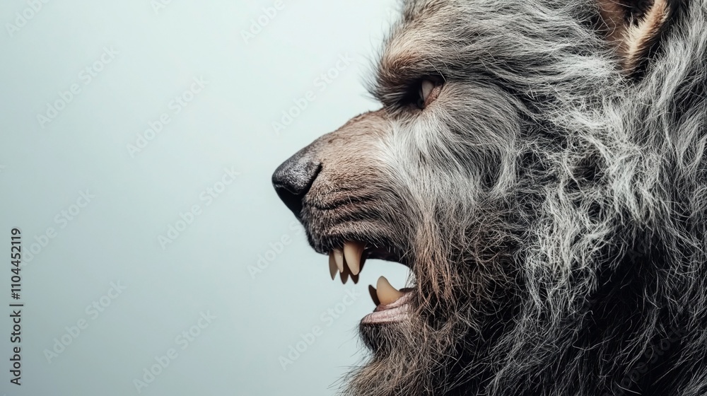 Close-up side view of a werewolf-like creature baring sharp fangs with ...