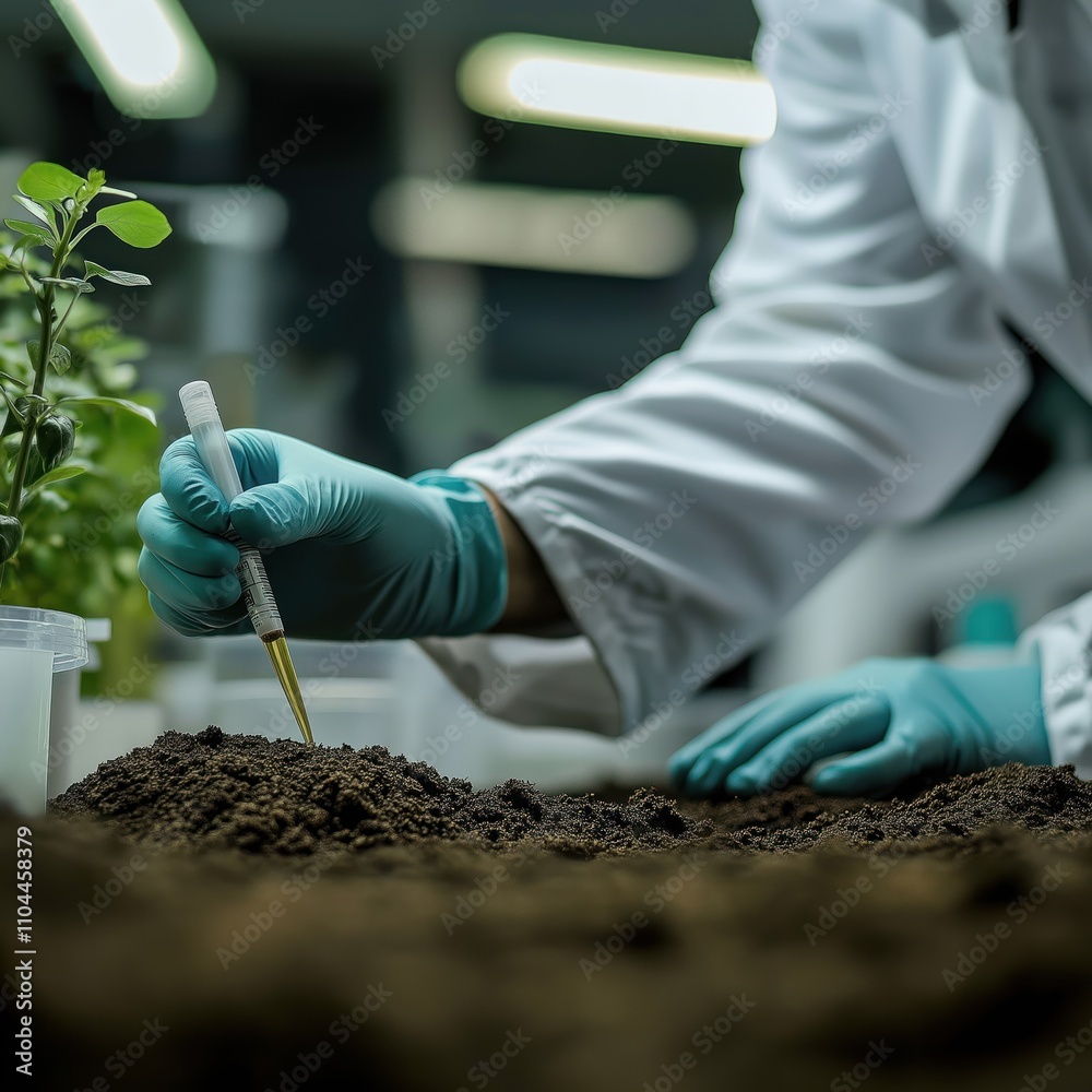 Lab tech examines soil pH with tool. Scientist tests soil sample in lab ...