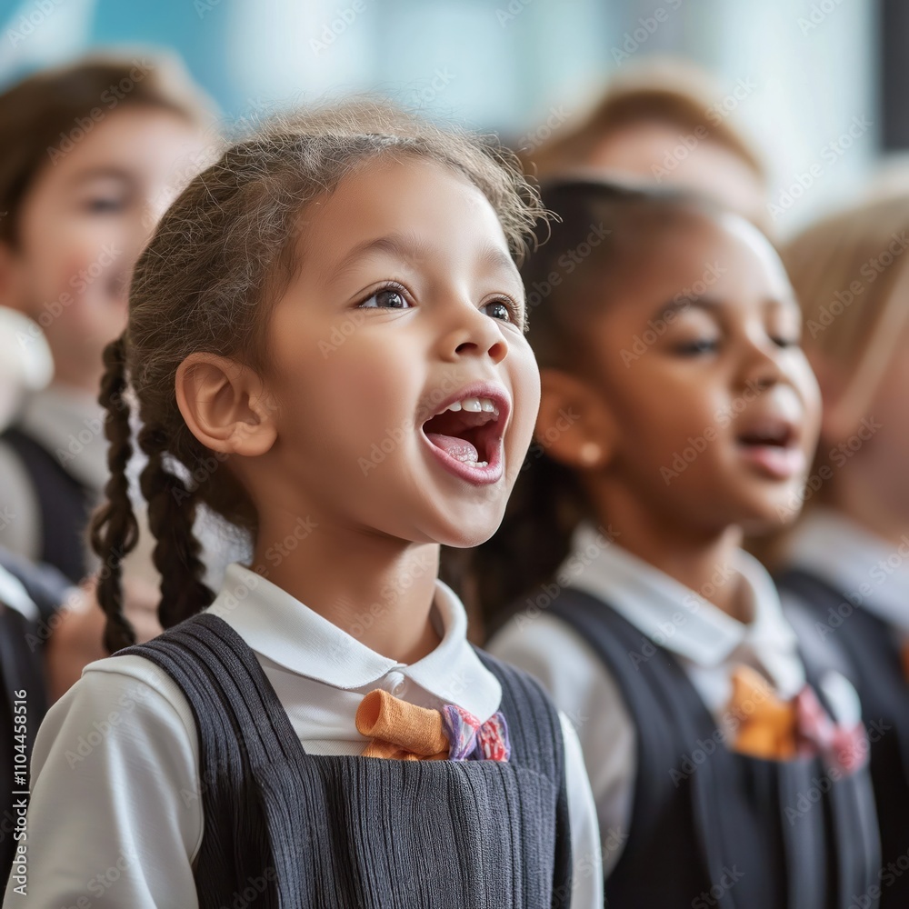 Elementary school kids sing in choir class. Children wearing school ...