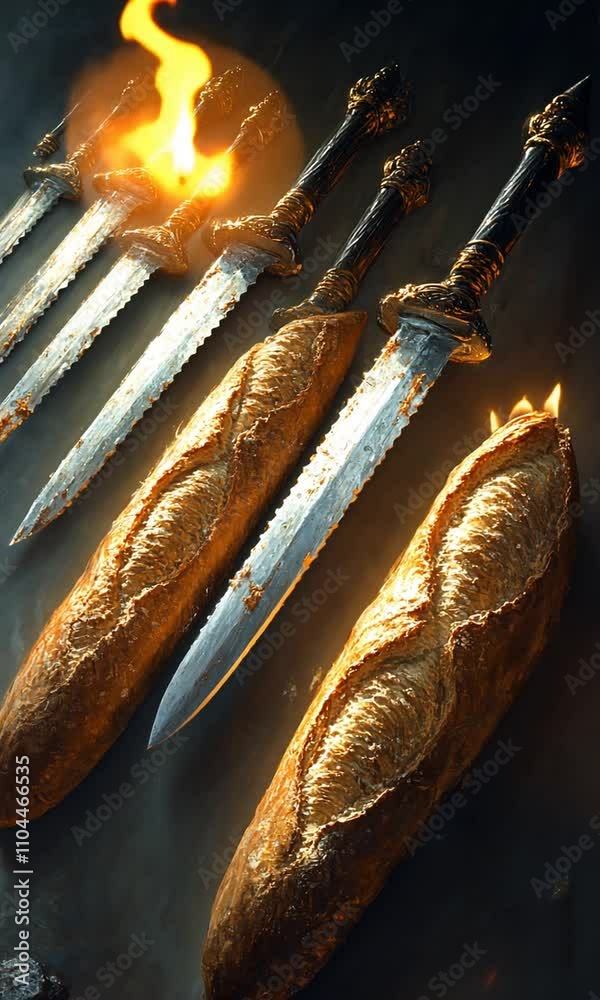 A surreal arrangement of ornate swords embedded in loaves of bread ...