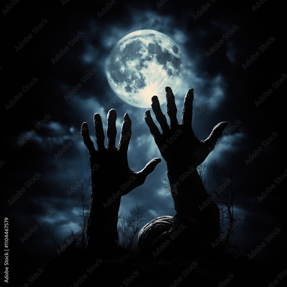 Zombie hands reach up to full moon. Night scene shows spooky hands ...