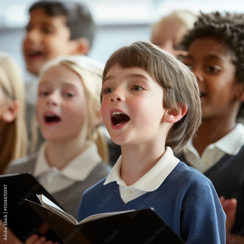 Elementary school children sing in choir class. Kids in school uniforms ...