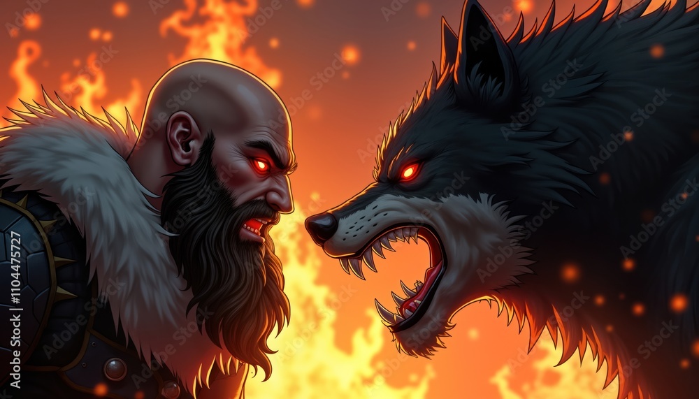 Odin faces Fenrir in dramatic confrontation. Fierce anger fills eyes ...