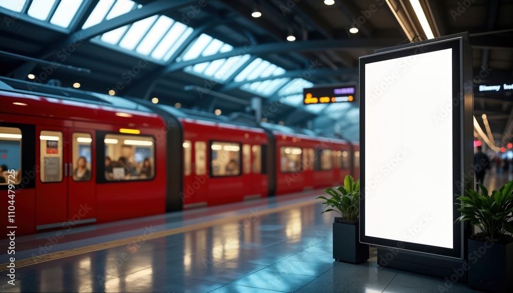 Modern train station platform with red train, blank advertisement ...