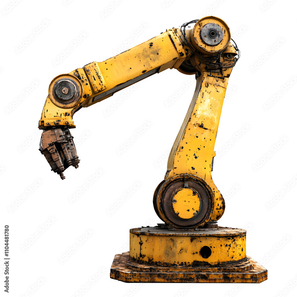 Rusty yellow robotic arm reaching down, isolated on transparent ...