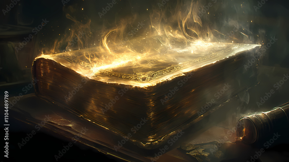 Ancient arcane tome with gilt edged pages emanating an otherworldly ...