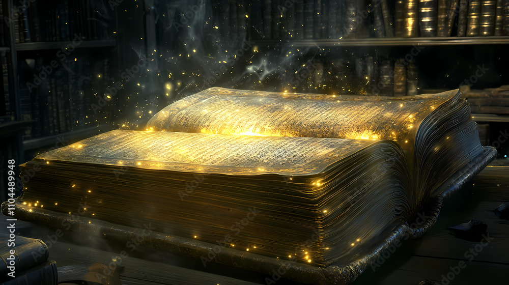 Ancient arcane tome with gilt edged pages emanating an otherworldly ...