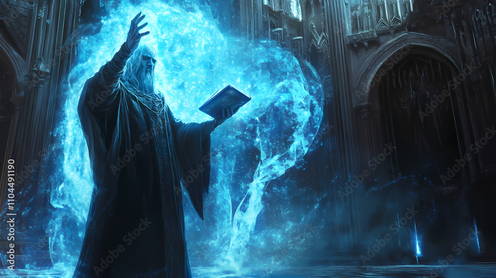 Mystical ancient wizard conjuring blue magical energy from an arcane ...