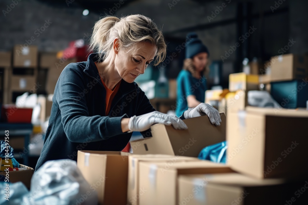 Woman sorts boxes in warehouse. Person wears gloves. Many boxes in ...