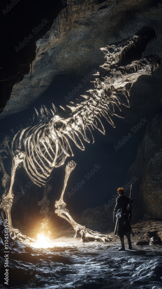 Ancient dragon skeleton in a dark cave, dim torch light, anime ...