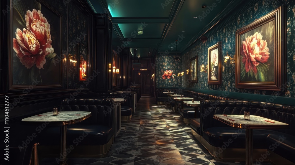 Elegant dark interior of a bar with booths, paintings, and teal walls ...