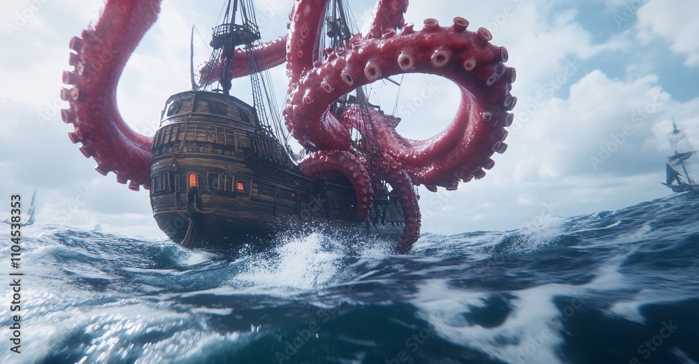 A medieval pirate carrack in a storm, being attacked from below by the ...