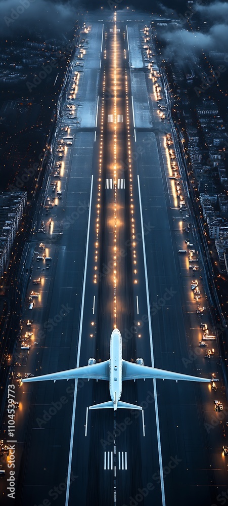 Top Down Perspective of Plane Alignment on Runway Amidst City Lights at ...