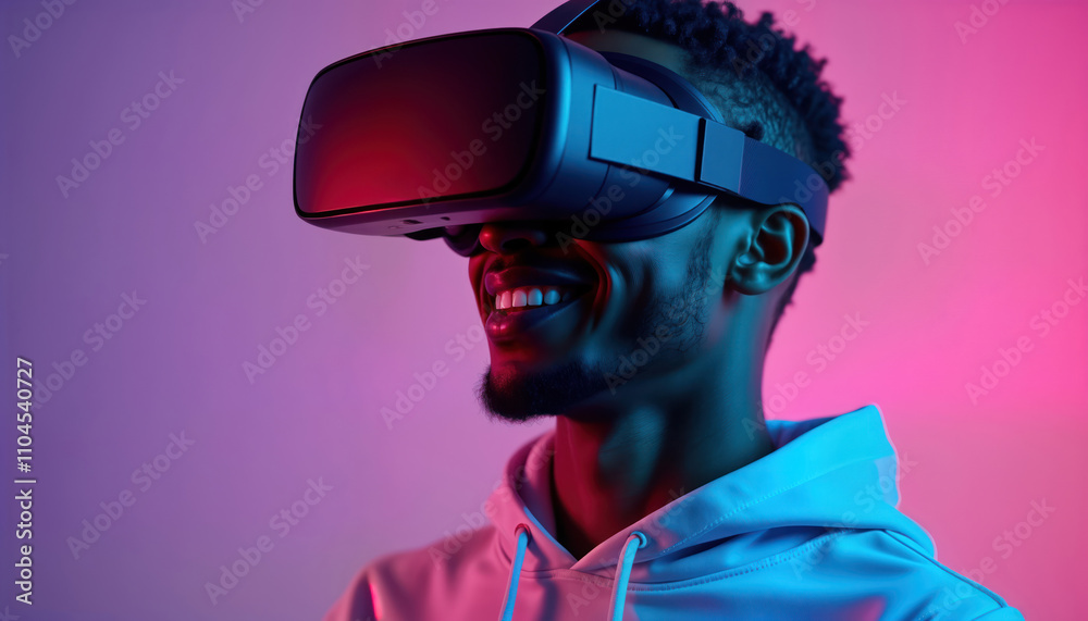 Man wears VR headset, looks happy. Futuristic tech. Person enjoys AR ...