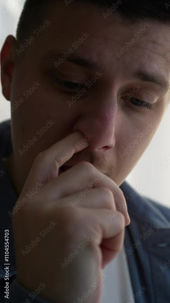 An ill-mannered man picks his nose in public. A man with a punch in his ...