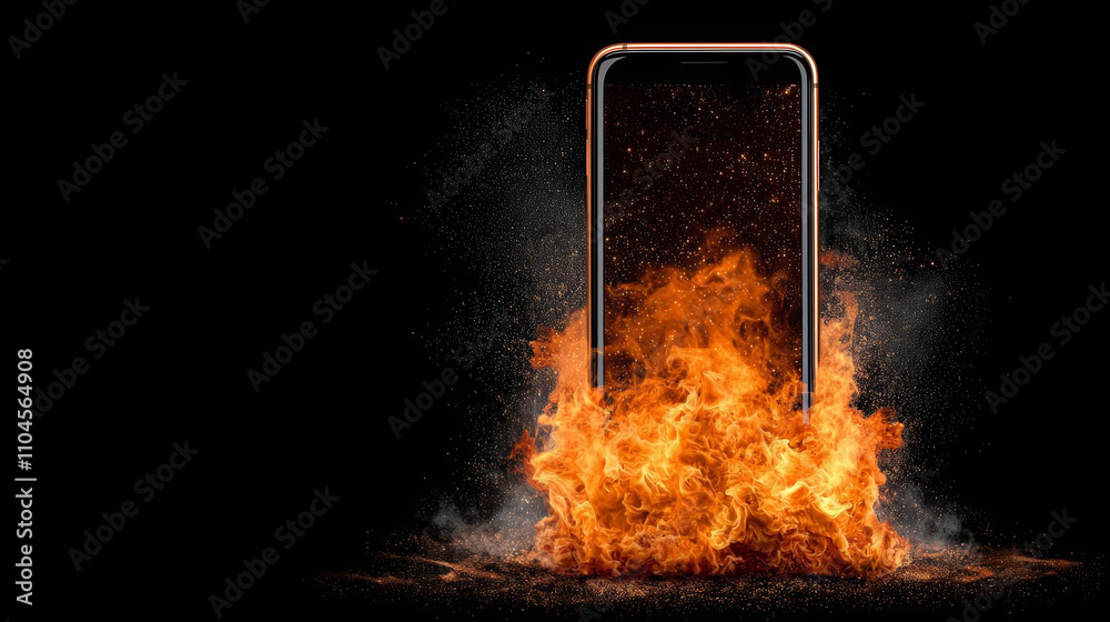 Fire alarm manual system. smartphone surrounded by flames, symbolizing ...