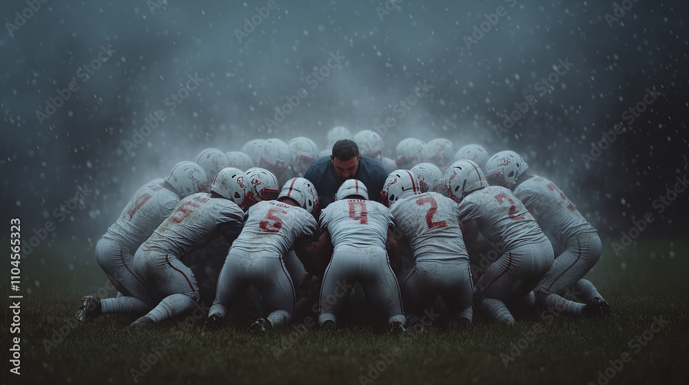 Football team huddles together in the rain on a misty field before an ...