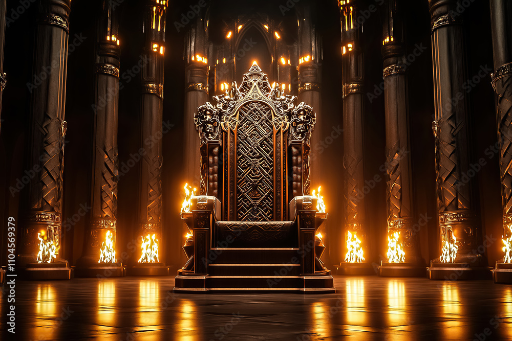 A huge carved wooden throne stands in a dim hall, lit by flickering ...