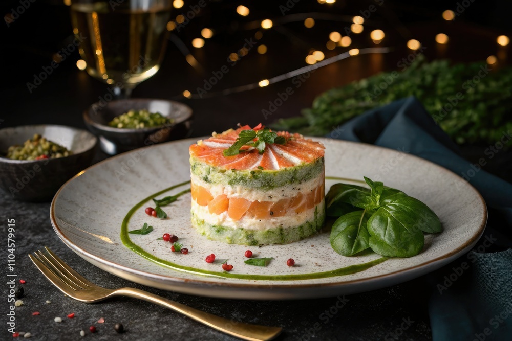 Night Photography of Basil Salmon Terrine on Plate - Culinary Delights ...