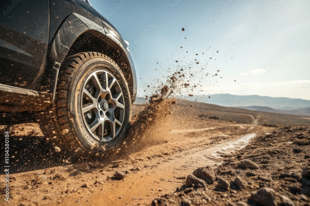 Offroad Car Racing: Wheel Splashing Dirt on Steppe Terrain in High ...