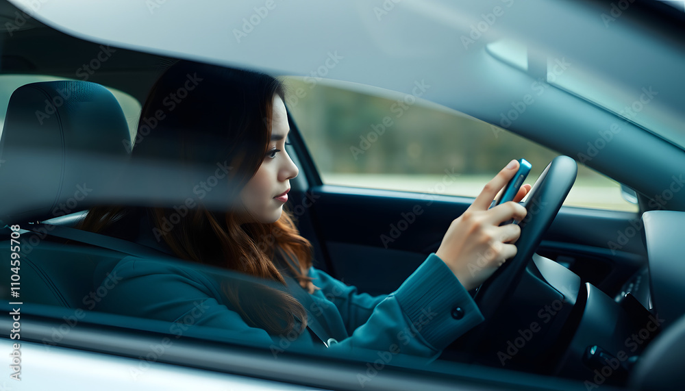 Young beautiful girl using mobile phone while driving car to work ...