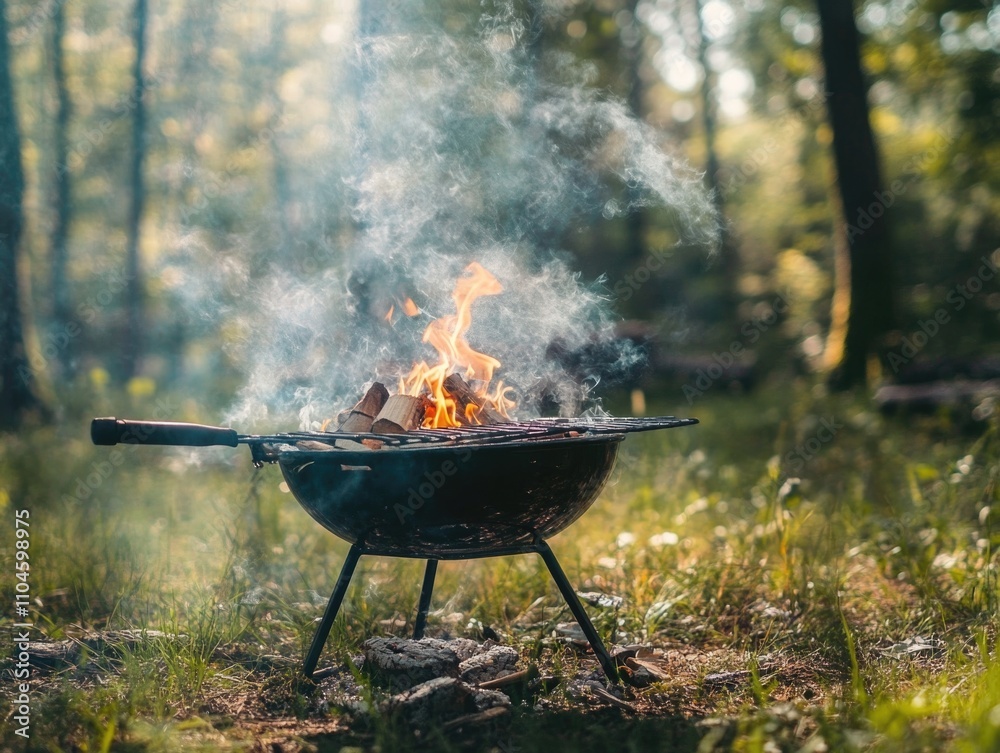 Campfire in a forest setting, with smoke rising from a wood-burning pot ...