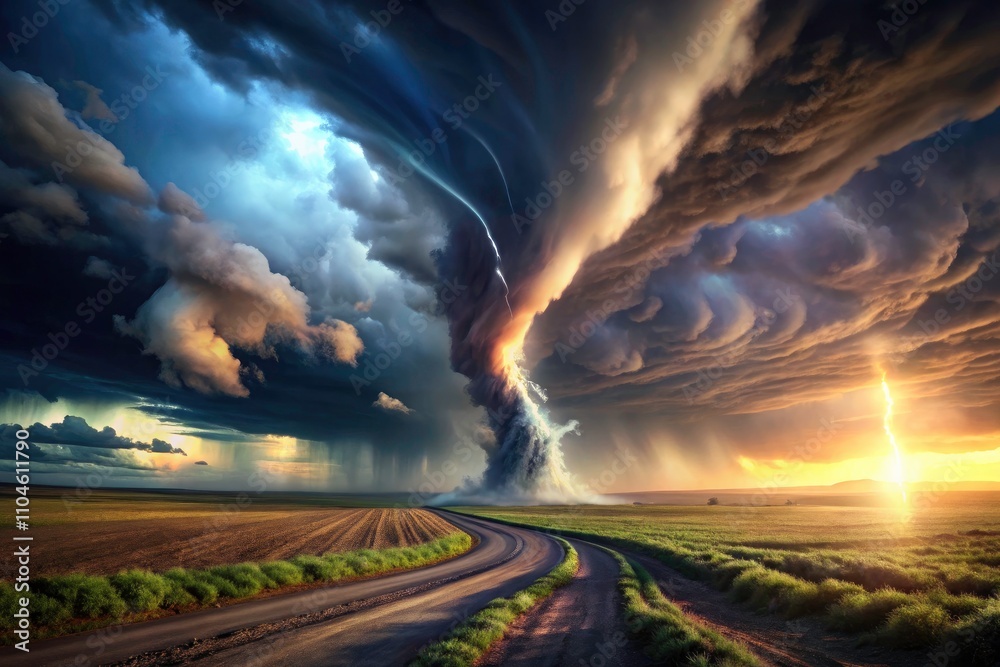 Gloomy Tornado Landscape: Devastated Field Under Heavy Rain, 3D ...