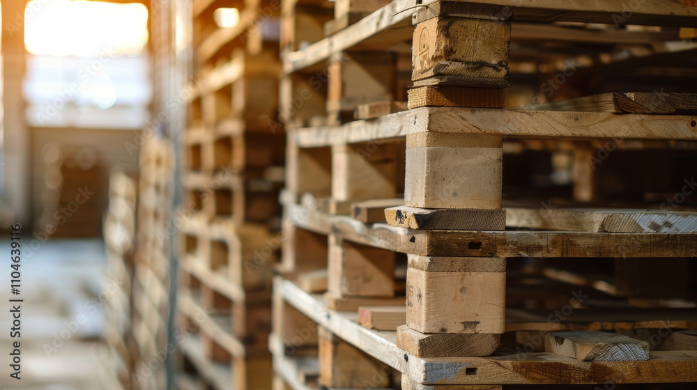 Stacked Wooden Pallets in a Sustainable Factory Warehouse. Efficient ...