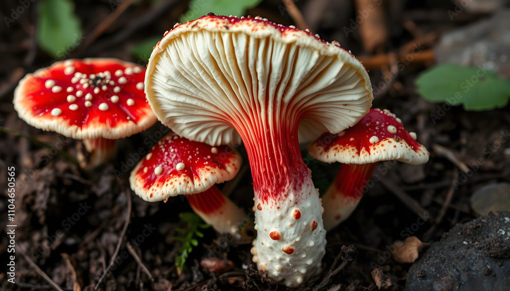 Inedible Hydnellum peckii (or ferrugineum) fungus with funnel-shaped cap with a white edge and ...