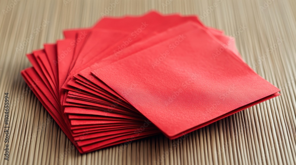 Bright red packets spread out on a traditional mat selective focus ...