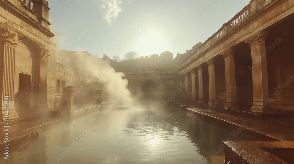 Sunlit Roman bath with steam rising from the water, classical ...