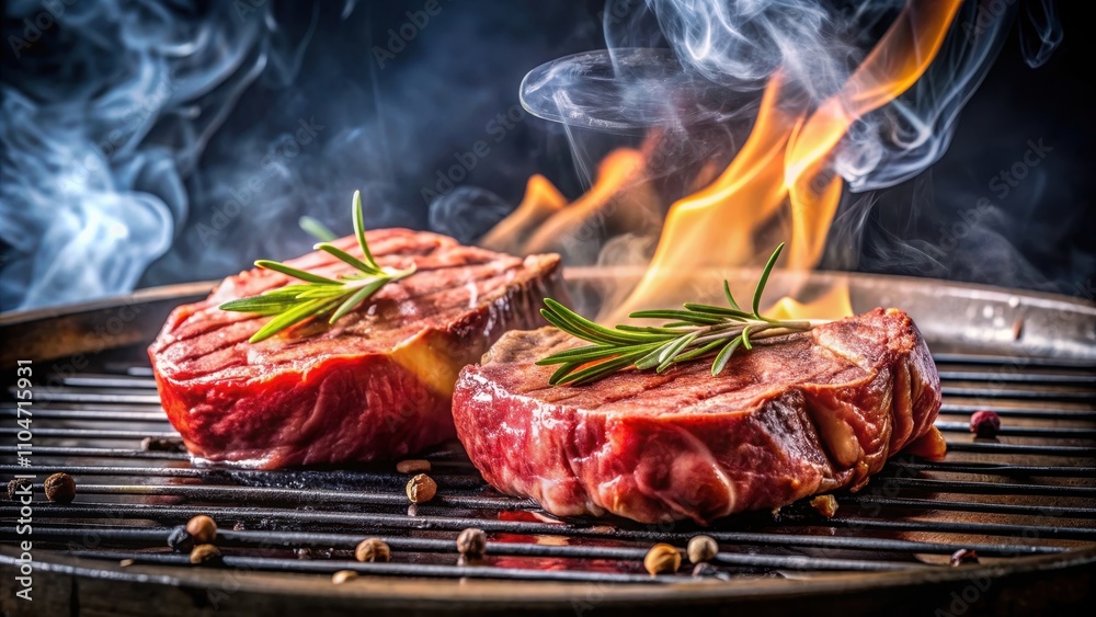 Raw and cooked beef sizzling on a charcoal grill with smoke rising ...