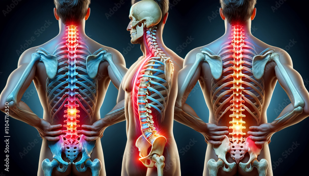 Spinal pain. Man, injury and back pain. Red glow. Mockup and rear view ...