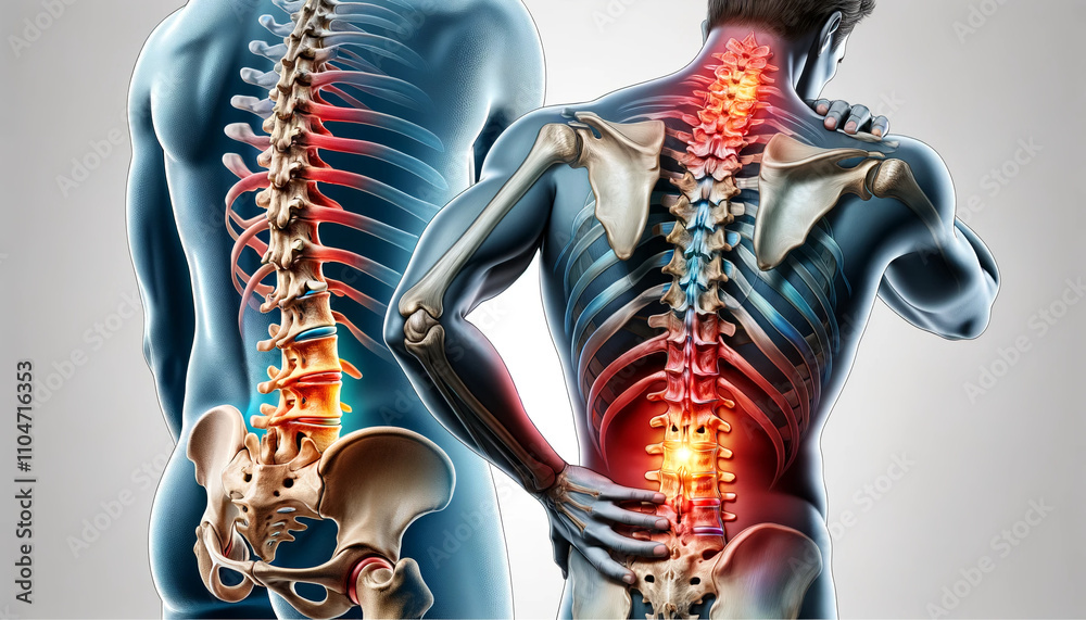 Spinal pain. Man, injury and back pain. Red glow. Mockup and rear view ...