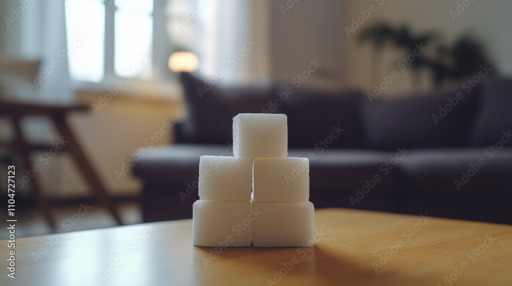 Five sugar cubes stacked in a pyramid shape on a table in a bright ...