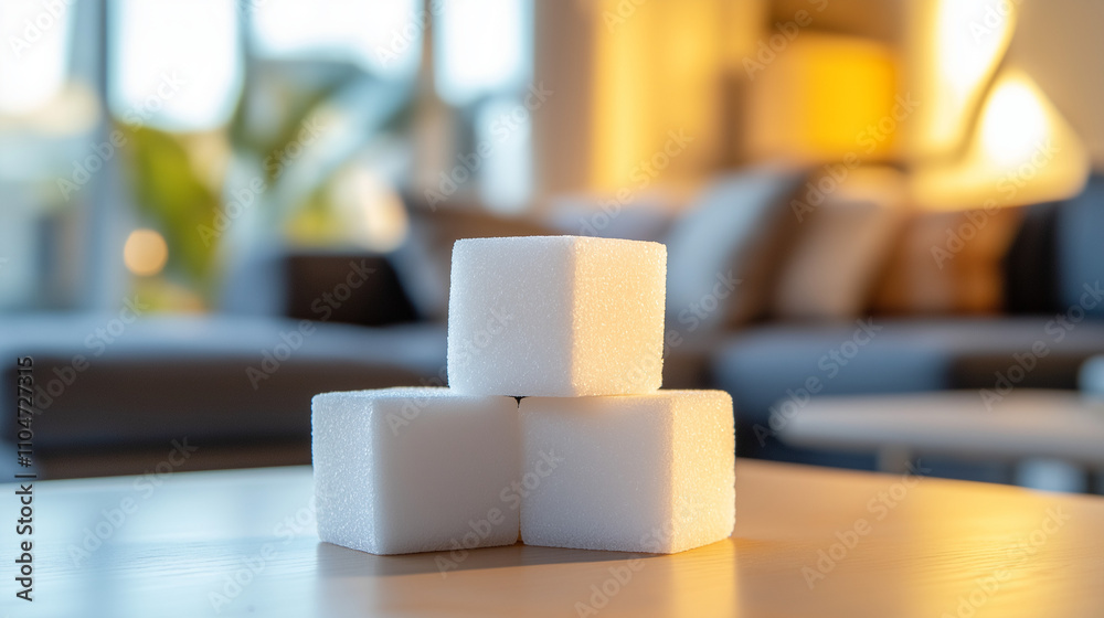 Five sugar cubes stacked in a pyramid shape on a table in a bright ...