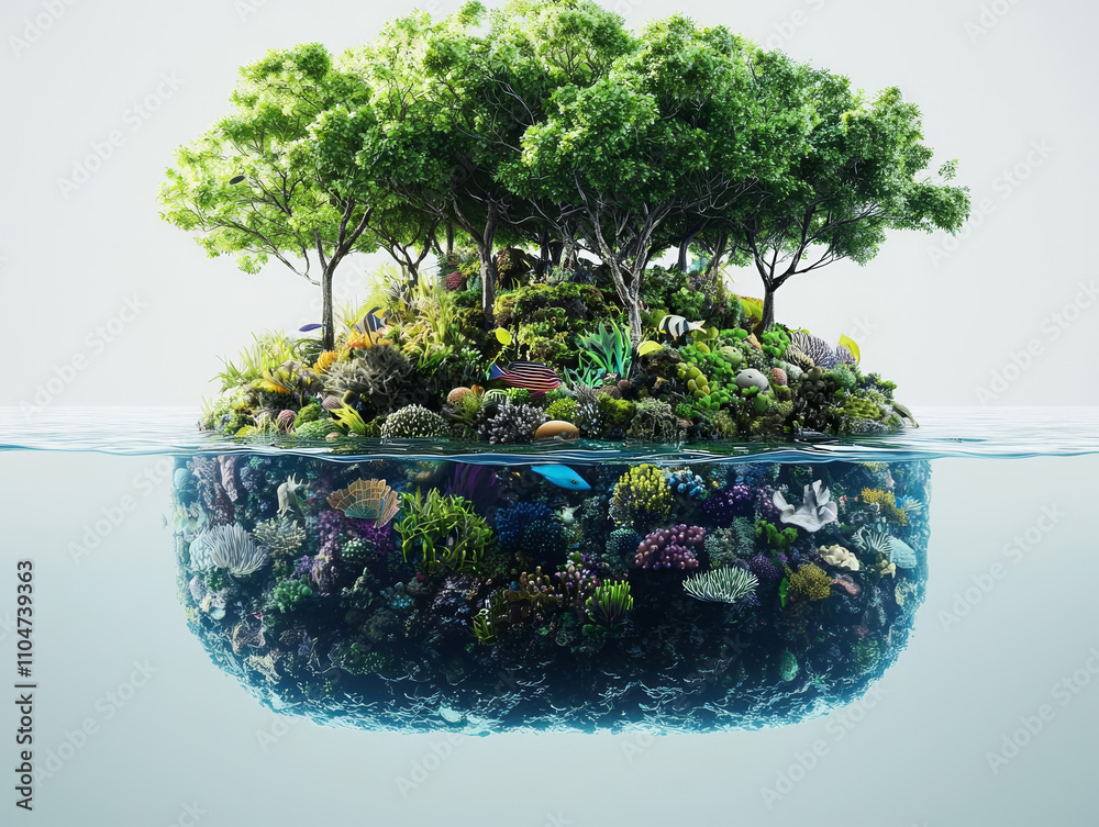 vibrant floating ecological habitat featuring lush trees and diverse ...