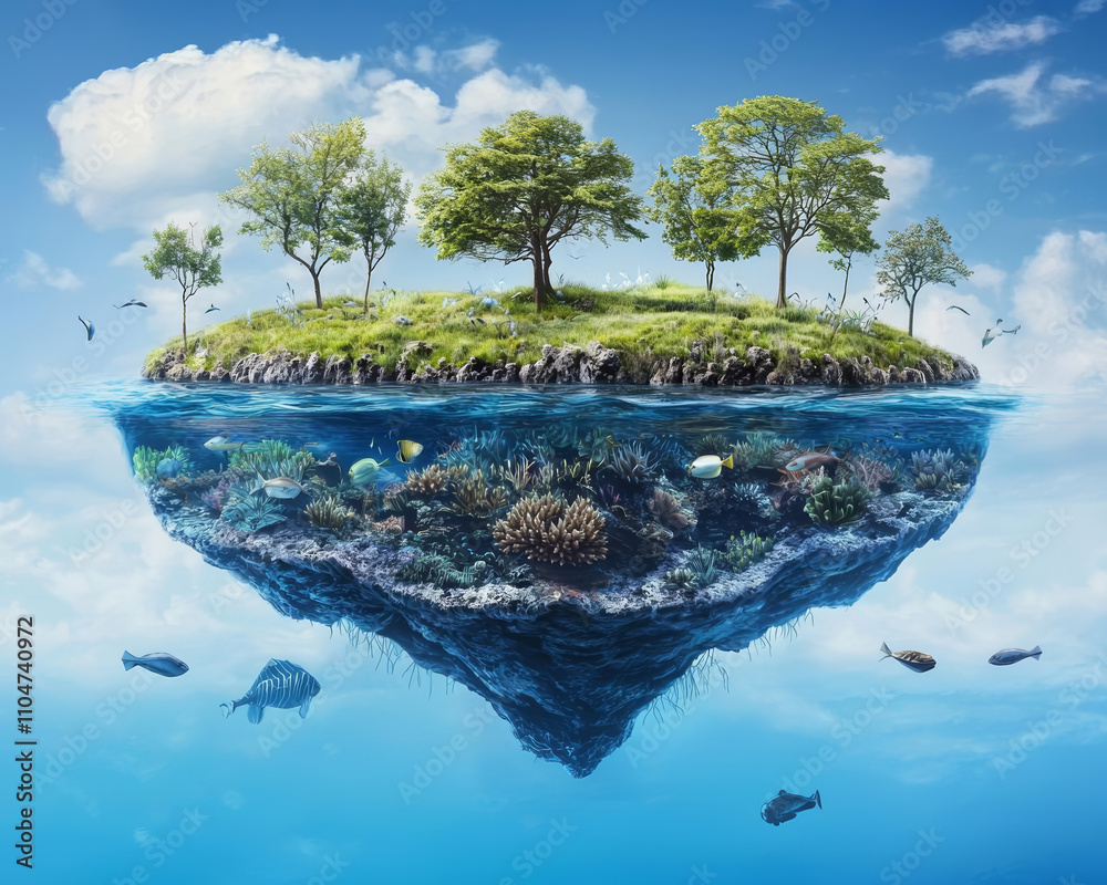 floating island with lush trees above and vibrant marine life below ...