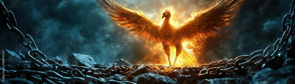 Ethereal phoenix rising from broken chains, embodying renewal and ...