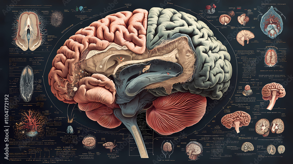 Vibrant, detailed illustration of the human brain with labeled sections ...