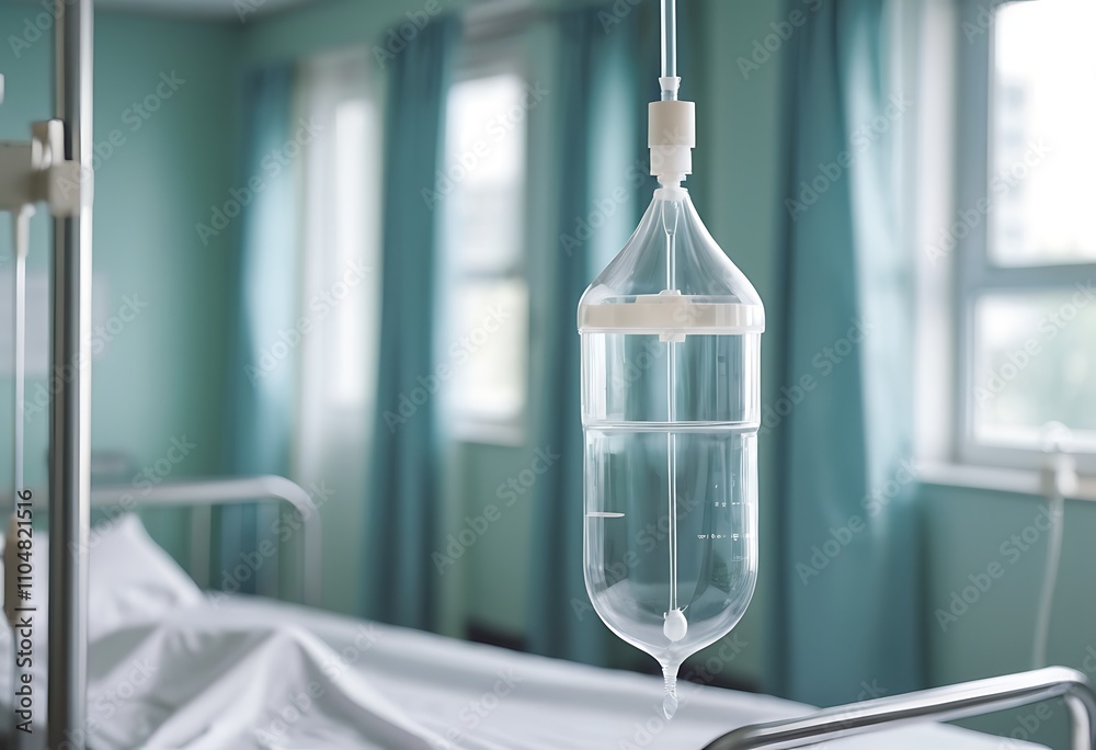 Intravenous or Iv fluids drip bottle hanging on a metal pole in ...