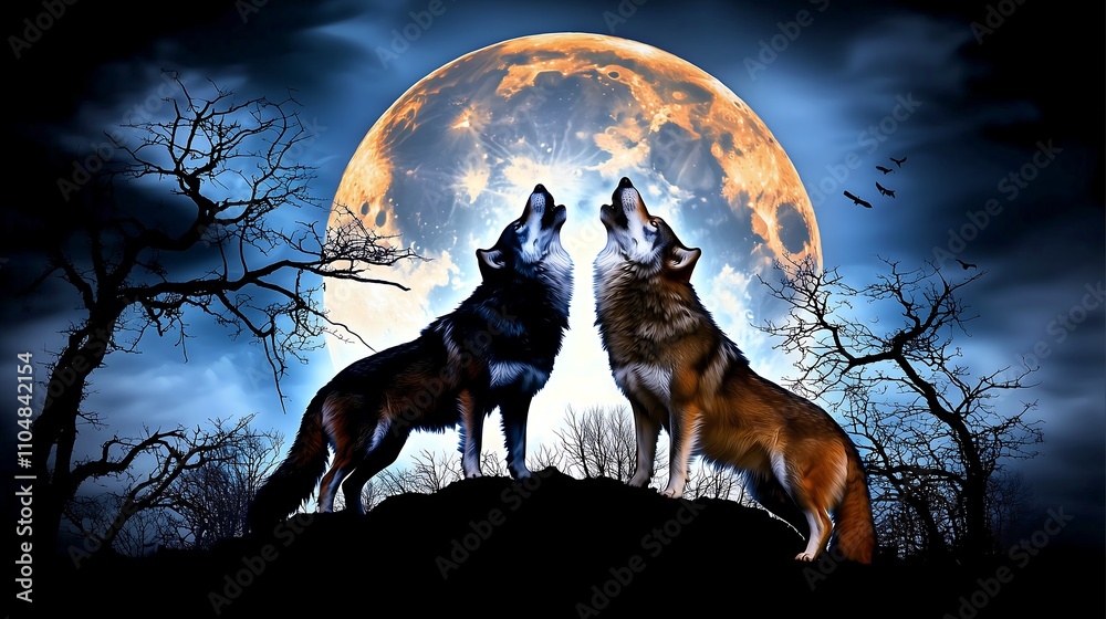 Howling wolves under full moon night landscape wildlife photography nature dramatic atmosphere ...