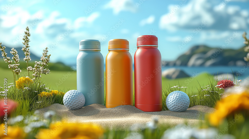Product illustration, sports drink bottle, golf course sand pit ...