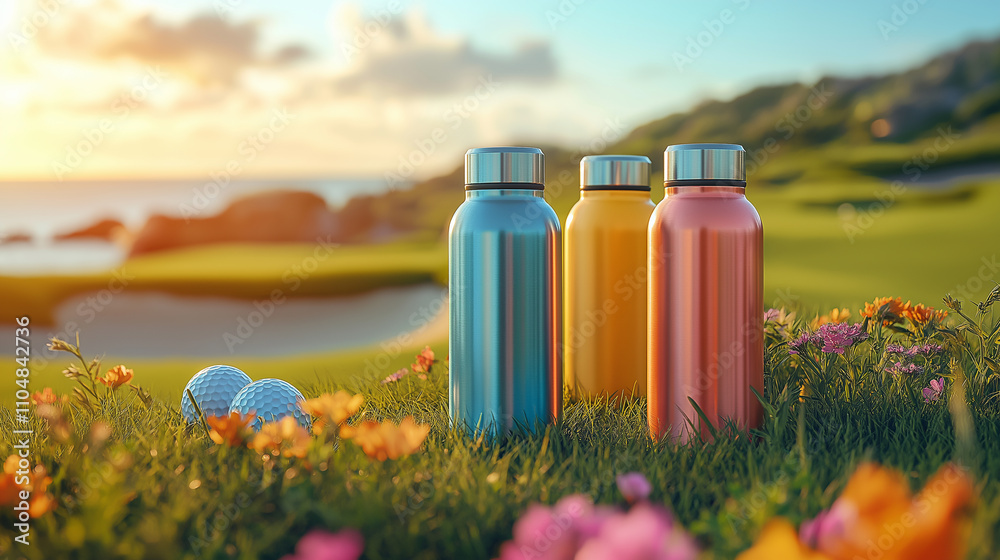 Product illustration, sports drink bottle, golf course sand pit ...