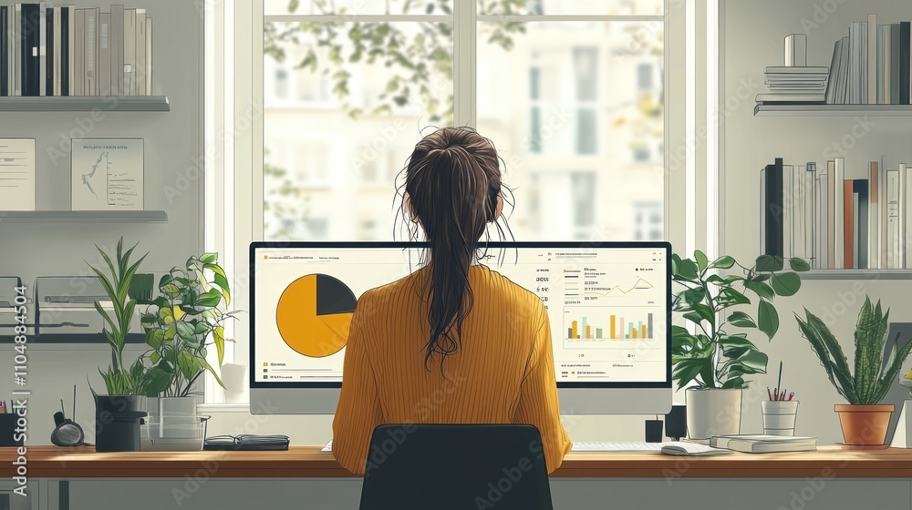 A woman sits at her desk in front of a computer screen, looking at data ...