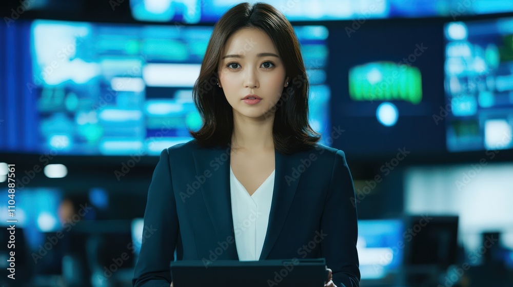 Asian news anchor delivering breaking updates from a high-tech studio ...