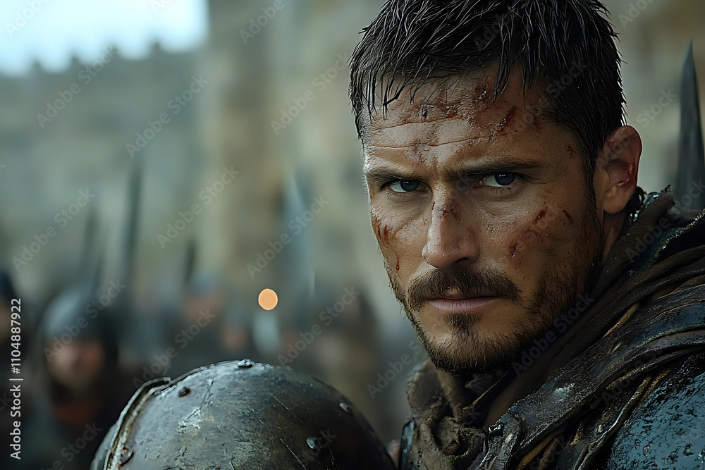 Portrait of a determined medieval soldier with a scarred face, holding ...