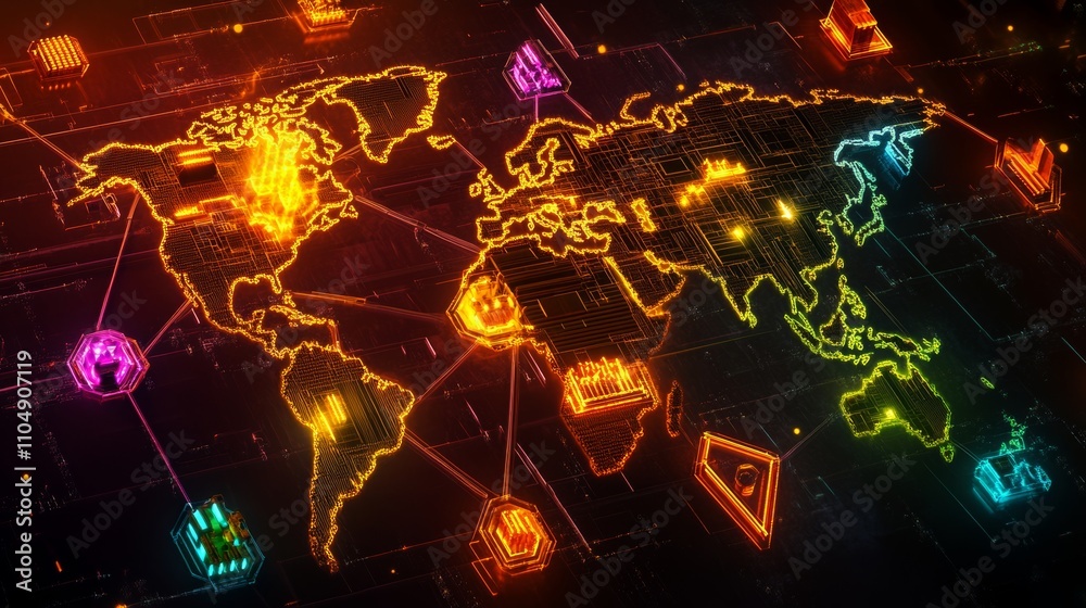world map with glowing connections, overlaid with icons of raw ...